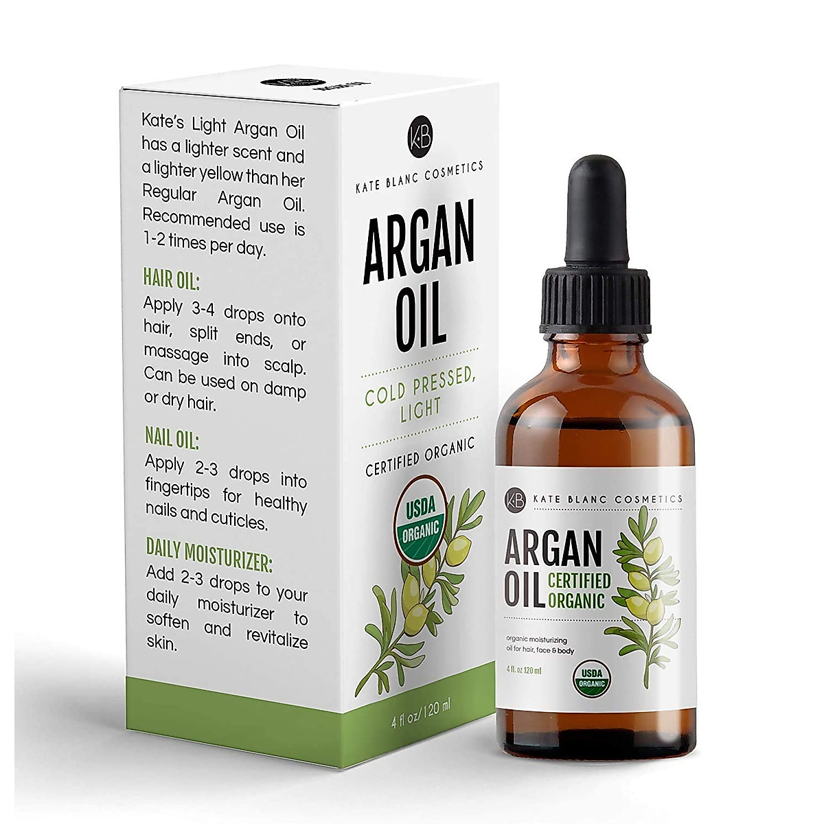 Kate Blanc Cosmetics Argan Oil for Hair, Face & Skin from Morocco. Promotes Hair Growth (4oz, USDA Certified Organic, Cold Pressed & 100% Pure)