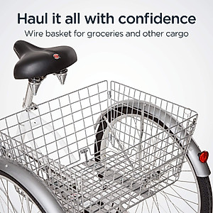 Schwinn Meridian Adult Tricycle Bike, Mens and Womens Three Wheel Beach Cruiser, 26-Inch Wheels, Low Step-Through Frame, Wide Seat, Rear Folding Basket, 1-Speed, White