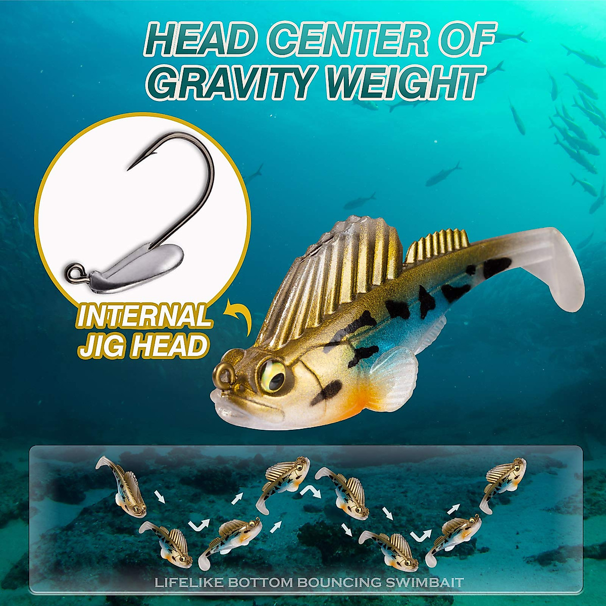 Basskiller 5pcs Fishing Lures Saltwater, Bass Fishing Lures, Fin Guarded Hook Bluegill Swimbait, Enticing Action Soft Plastic Swimbaits for Muskie Walleye, Fishing Bait Freshwater with Soft Tail