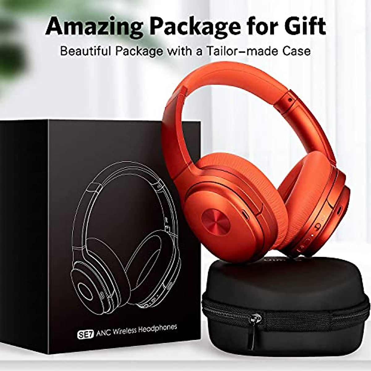 SE7 Dual Feedback Active Noise Cancelling Headphones Bluetooth Headphones Wireless Headphones Over Ear Built-in Microphone Deep Bass, 30 Hours for Travel/Work/TV/Computer/Cellphone -Red