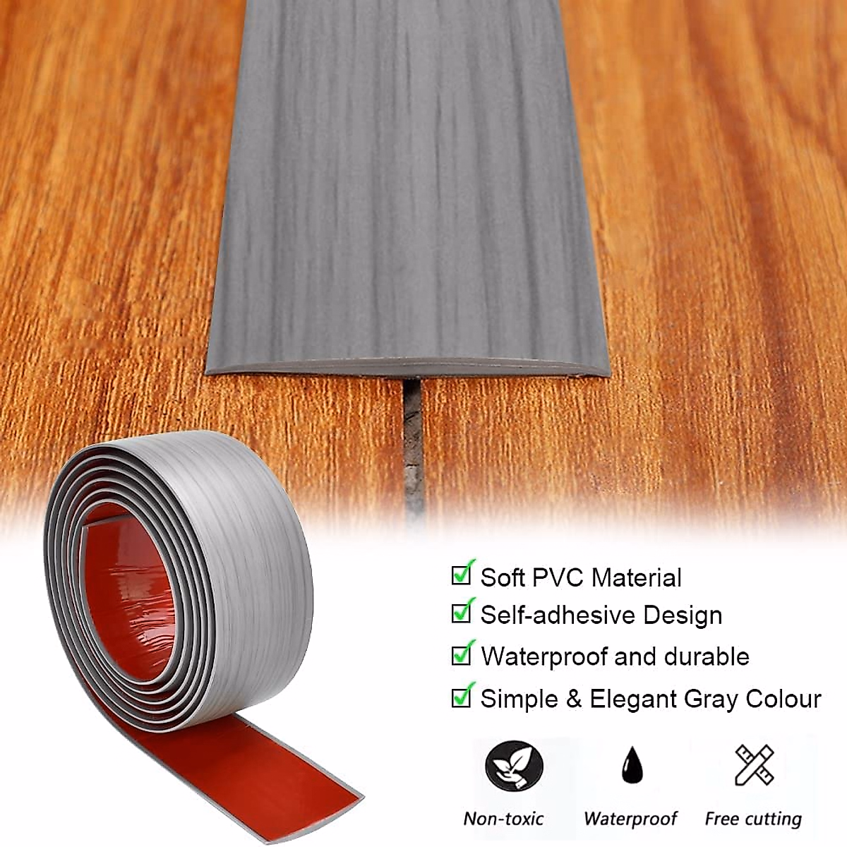 Floor Transition Strip Floor Cover Strips Self Adhesive Flooring Transitions Laminate Floor Strip 2" Wide Vinyl Floor Flat Divider Strip Elegant Wood Grain Design (Grey, 5cm, 10Ft)