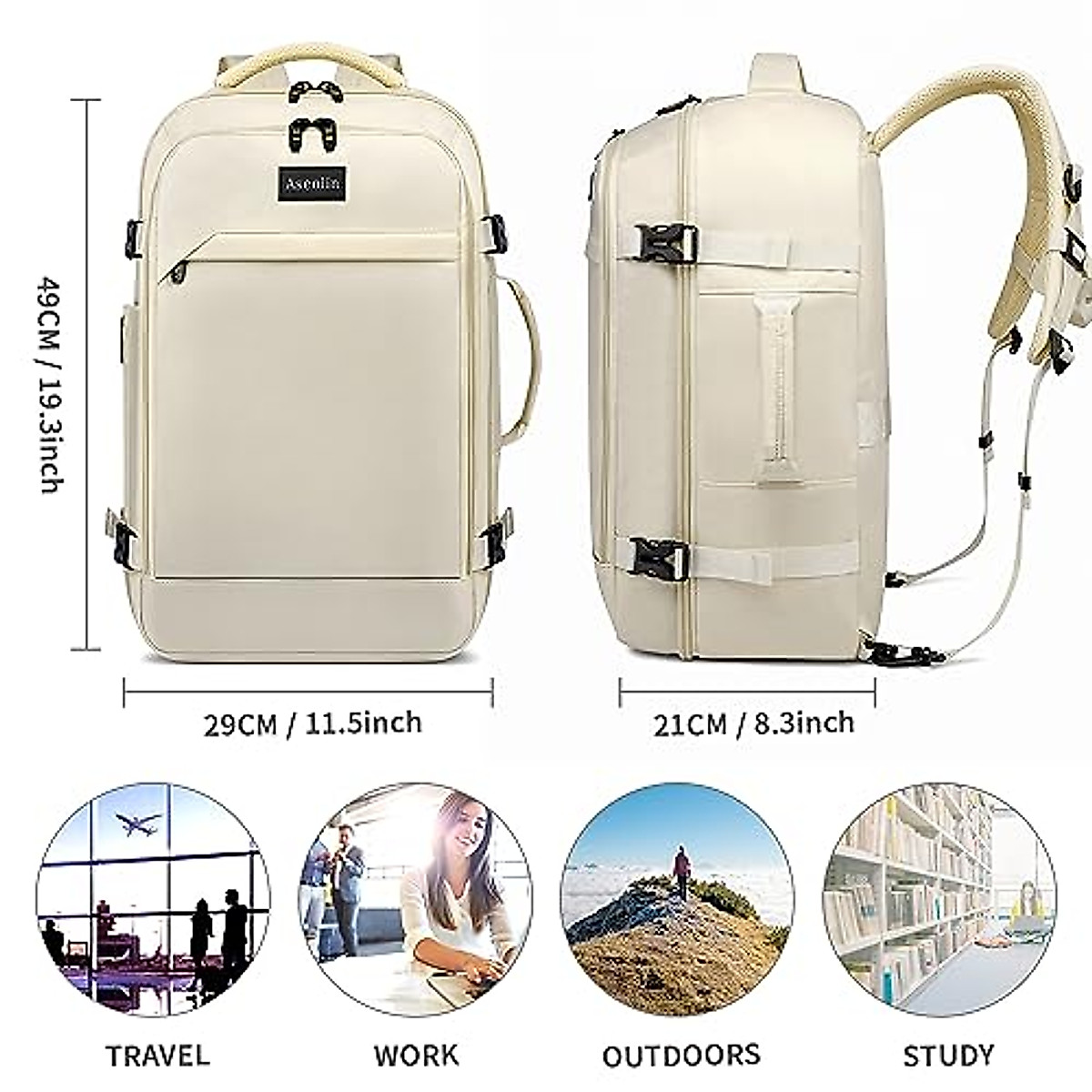 Asenlin 40L Travel Backpack for Women Men，17 Inch Laptop Backpack Flight Approved Luggage Carry On Water Resistant Computer Backpack for Weekender Overnight Large Daypack Beige
