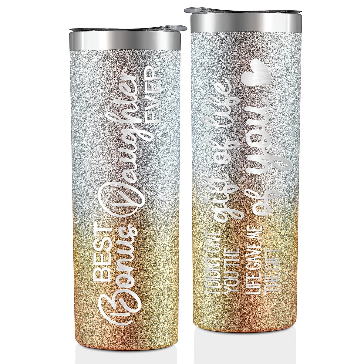 Onebttl Bonus Daughter Gifts - 20oz Stainless Steel Travel Mug with Lid and Straw - Best Daughter Ever (Silver or Gold) for Birthday, Christmas or Thanksgiving
