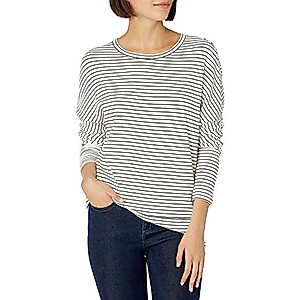 Daily Ritual Women's Supersoft Terry Dolman Cuff Sweatshirt, White/Black, Stripe, Small