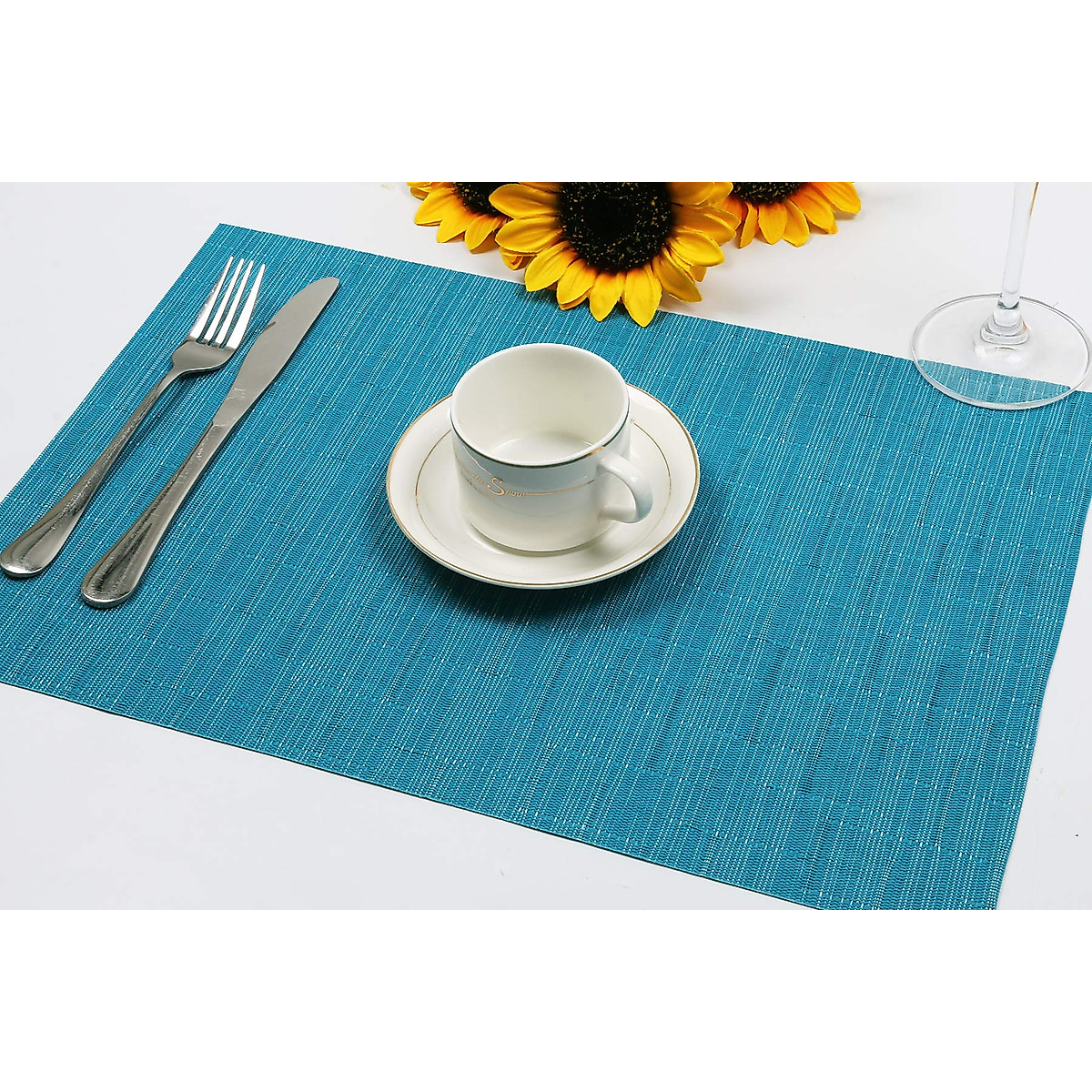 SHACOS Placemats Set of 6 Woven Vinyl Place Mats for Dining Table Wipe Clean Stain Resistant Table Mats (6, Teal Blue)