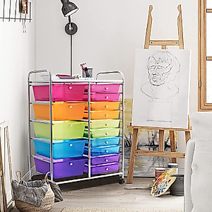 MEDIMALL 15 Drawers Rolling Storage Cart, Multipurpose Craft Storage Cart with Wheels, Mobile Tools Scrapbook Paper Organizer Cart for School Home Office Use (Rainbow)