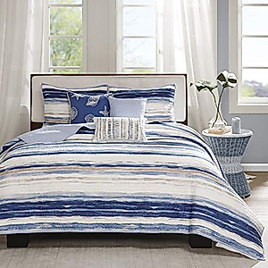 Madison Park Quilt Set Cottage Coastal Design, 6 Piece Set - All Season, Coverlet Bedspread Lightweight Bedding Layer, Shams, Toss Pillows, Full/Queen(90"x90"), Blue/White