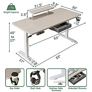 BUNOEM Height Adjustable Electric Standing Desk with One Drawer, Table with Storage Shelf, Sit & Stand Home Office Desk with Storage Space (Oak, 63x30)