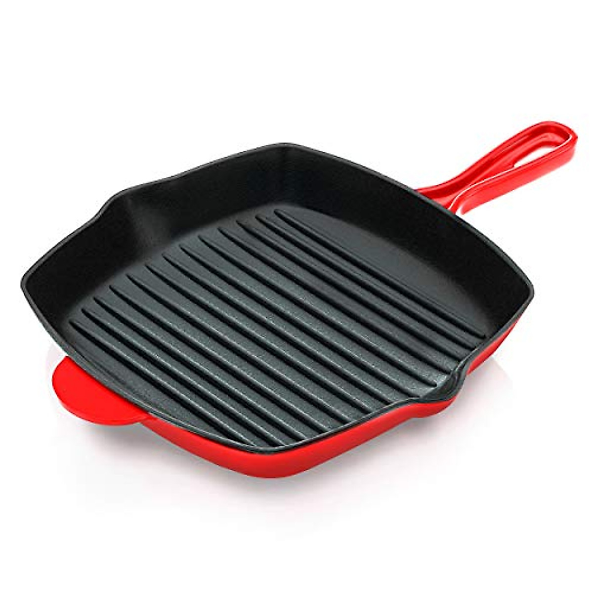 NutriChef Nonstick Cast Iron Grill Pan - 11-Inch Kitchen Square Cast Iron Skillet Grilling Pan, Enameled Cast Iron Skillet Steak Pan w/ Side Drip Spout For Electric Stovetop, Induction, Gas -