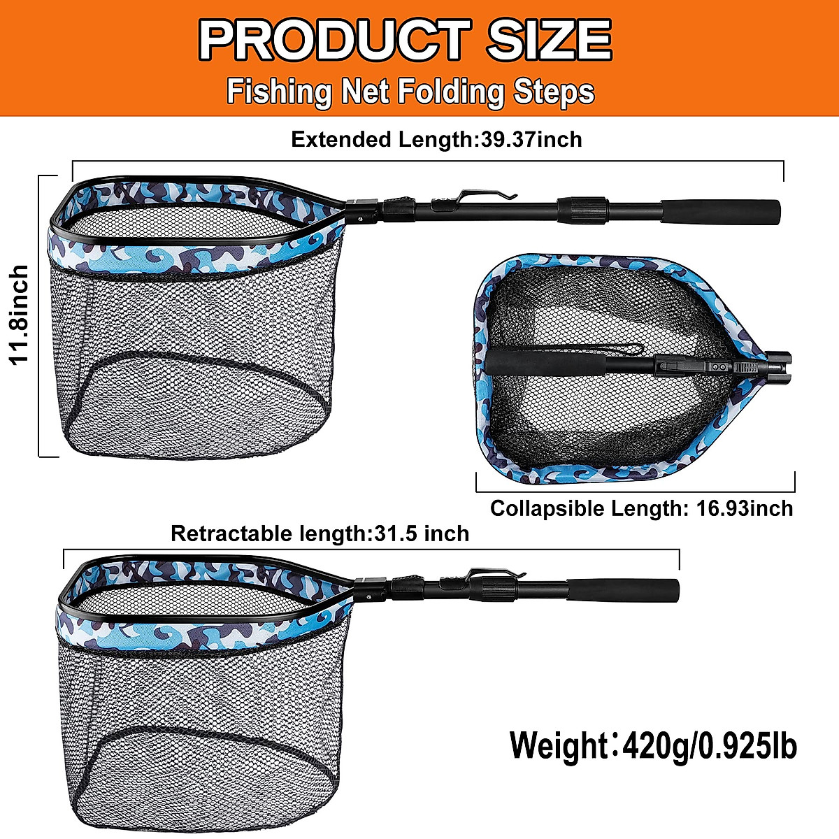 PLUSINNO Floating Fishing Net for Steelhead, Salmon, Fly, Kayak, Catfish, Bass, Trout Fishing, Rubber Coated Landing Net for Easy Catch & Release, Compact & Foldable for Easy Transportation & Storage