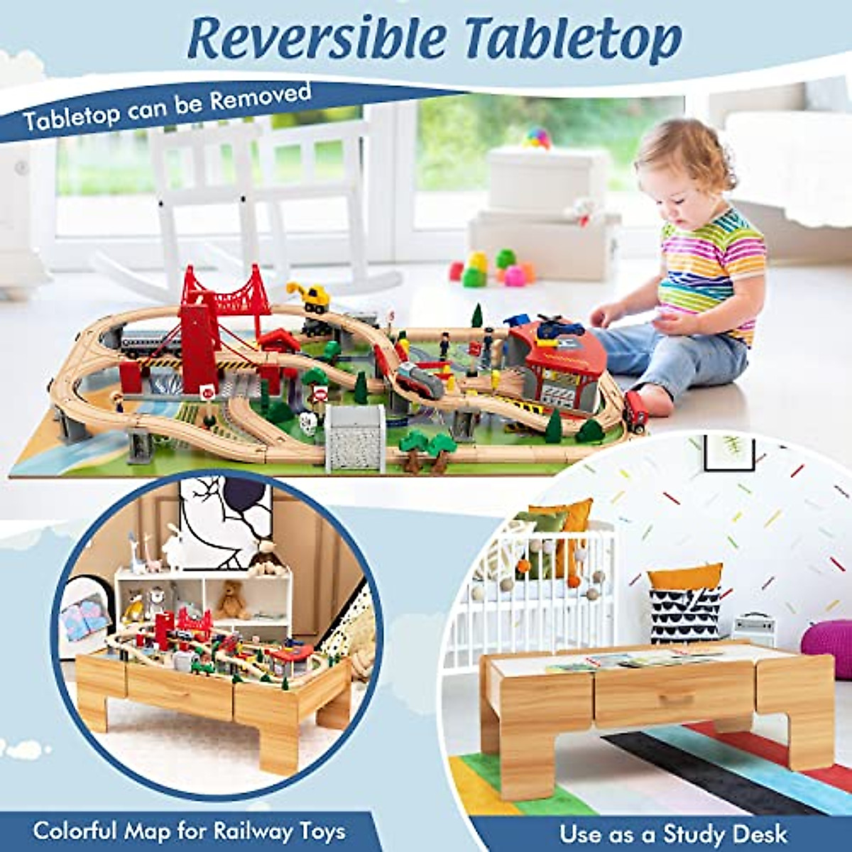 Costzon Train Table, 2 in 1 Kids Activity Table w/Storage Drawer, 100 Multicolor Pieces, Railway, Track, Cars, City, DIY Design, Reversible Tabletop, Gift for Boys Girls, Wooden Train Set (Natural)