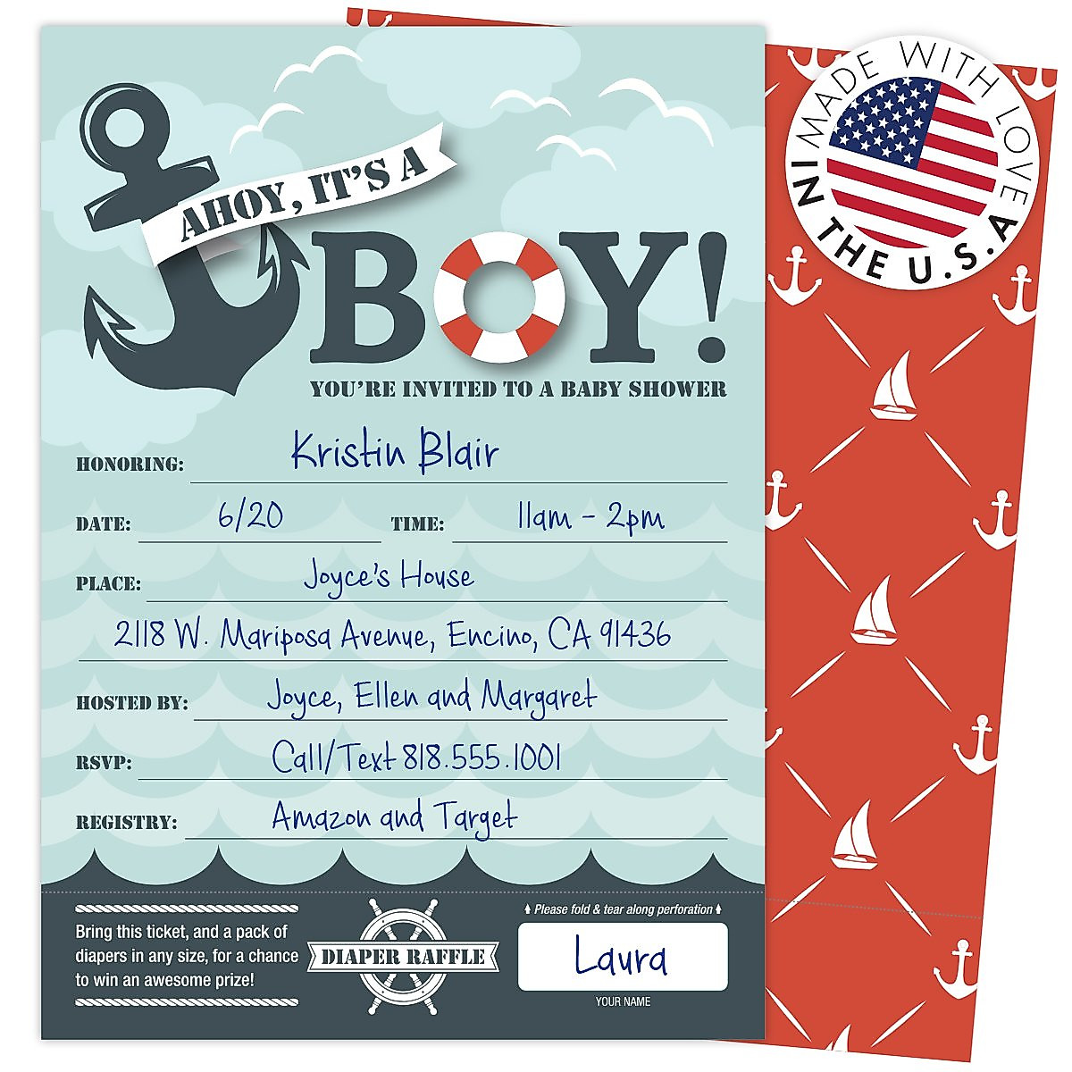 Koko Paper Co It’s A Boy Nautical Baby Shower Invitations with Tear-Off Diaper Raffle Tickets. 25 5x7 Fill in The Blank Style Invites with White A7 Envelopes.