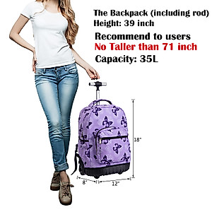 SKYMOVE 18 inches Wheeled Rolling Backpack Multi-Compartment Elementary Books Laptop Roller Bag Short Trip Carry-on for Women and Girls, Purple Butterfly