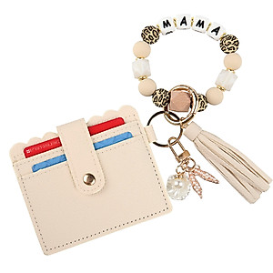 Guran Wristlet Wallet Bracelet Keychain,Card Holder Purse Tassel Keychain Bangle Key Ring for Women (Leopard & White)