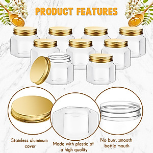 Yaomiao 75 Packs 3 oz Hexagon Plastic Jars with Gold Lids Mini Honey Jars Wide Mouth Small Spice Canning containerfor Party Wedding Favors, DIY Gift, Jams, Candy, Candle, Herbs