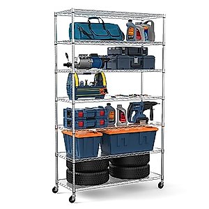 7 Tier NSF Wire Shelf Shelving Unit, 18 x 48 x 82 inch 2450lbs Capacity Heavy Duty Adjustable Storage Metal Rack with Wheels/Leveling Feet & Shelf Liners, Ideal for Garage, Kitchen, and More - Chrome
