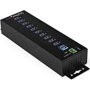 StarTech.com 10-Port USB 3.0 Hub with Power Adapter - Metal Industrial USB-A Hub with ESD & 350W Surge Protection - Din/Wall/Desk Mountable - High Speed USB 3.0 (5Gbps) - (5Gbps) Hub, TAA