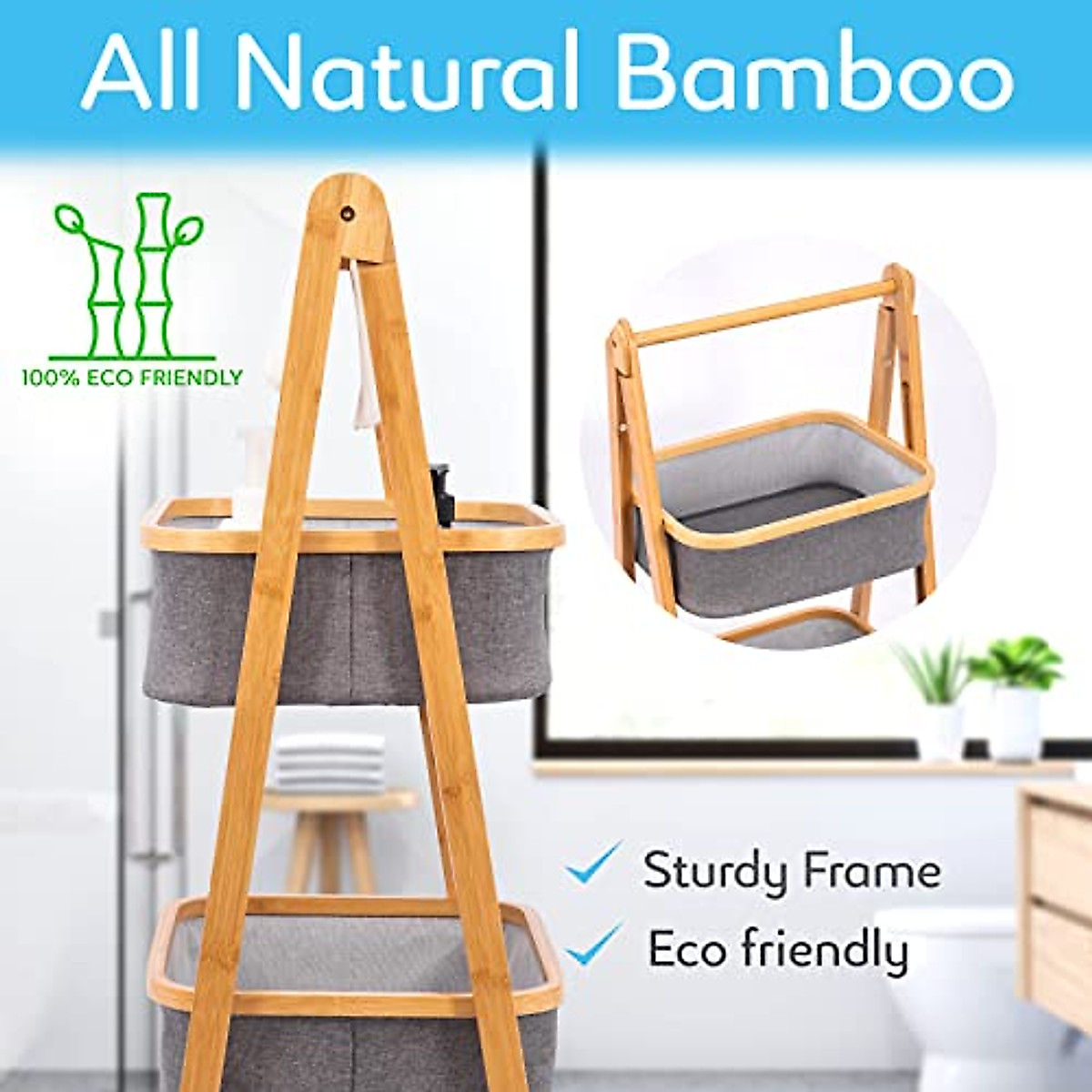 SerenelifeHome 2 Tier Fold Out Floor Standing Bathroom Storage Tower Shelf Collapsible Hamper Shelves Bamboo Wooden Drawers Small Ladder Organizer Shelving Corner Stand Unit for Bedroom Laundry Room
