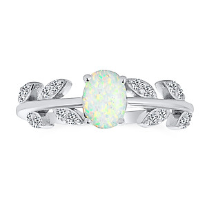 Dainty Gemstone Oval White Created Opal Center Cubic Zirconia Open Leaves Leaf CZ Accent Ring Western Jewelry For Women .925 Sterling Silver October Birthstone