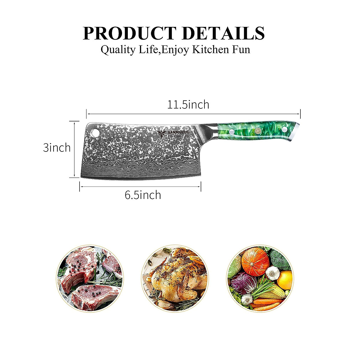 SANMUZUO Chopping Knife - 7 inch Cleaver Knife- Xuan Series - VG10 Damascus Steel Kitchen Knife - Resin Handle (Jade Green)