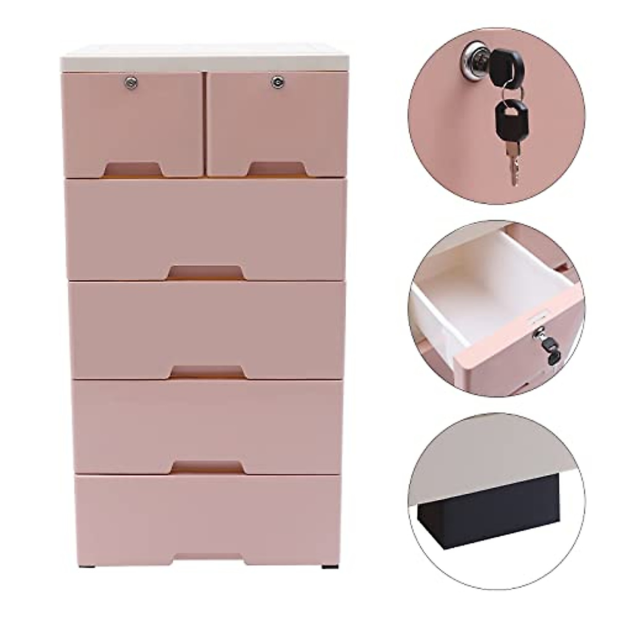 6 Drawer Plastic Dresser Storage Tower Closet Organizer Unit with Keys Clothes Organizer Cabinet for Home Office Bedroom, 5 Layer Drawer Storage Cabinet on Wheels (Pink, 19.7"W x 13.8"D x 40"H)