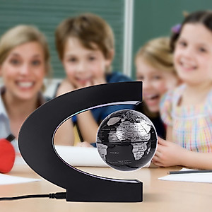 Floating Globe with Colored LED Lights C Shape Anti Gravity Magnetic Levitation Rotating World Map for Children Gift Home Office Desk Decoration (Black, Without Switch)