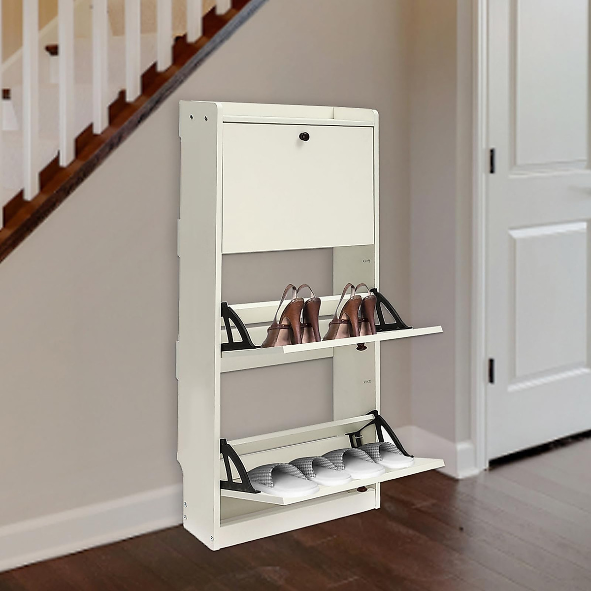Acesunny Hidden Shoe Cabinet,Fold-Out Standing Shoes Storage Shelf Free Organizer with 3 Flip Drawers Shoe Cabinet Modern Entryway Shoe Storage for Hallway Narrow Slim Hidden Shoe Cabinet