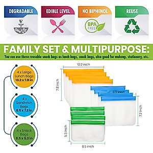 [12 pack] Reusable Snack Bags keep Food Fresh, Easy Lunch Bags are Durable and Food Grade, Reusable Freezer Bags and Leak Proof, Food Storage Sandwich Bags and Eco-Friendly, Lunch Box for Kids