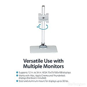 StarTech.com Single Monitor Stand - Adjustable - Supports Monitors 12'' to 34" (30.9lb/14kg) - Premium - Single Screen VESA Monitor Mount Stand - Silver , TAA (ARMPIVSTND)