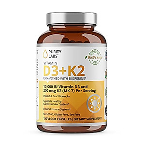 Purity Labs Vitamin D3 + K2 - Immune Support Supplement Enhanced with Bioperine - Vegan Supplements for Daily Defense, Bone, Muscle, and Skin Health - 120 Capsules