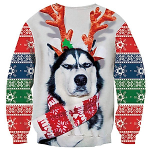 RAISEVERN Ugly Christmas Sweater for Men Women Funny Xmas Dog Husky Scarf Sweatshirt Holiday Festive Long Sleeve Winter Reindeer Pullover Top