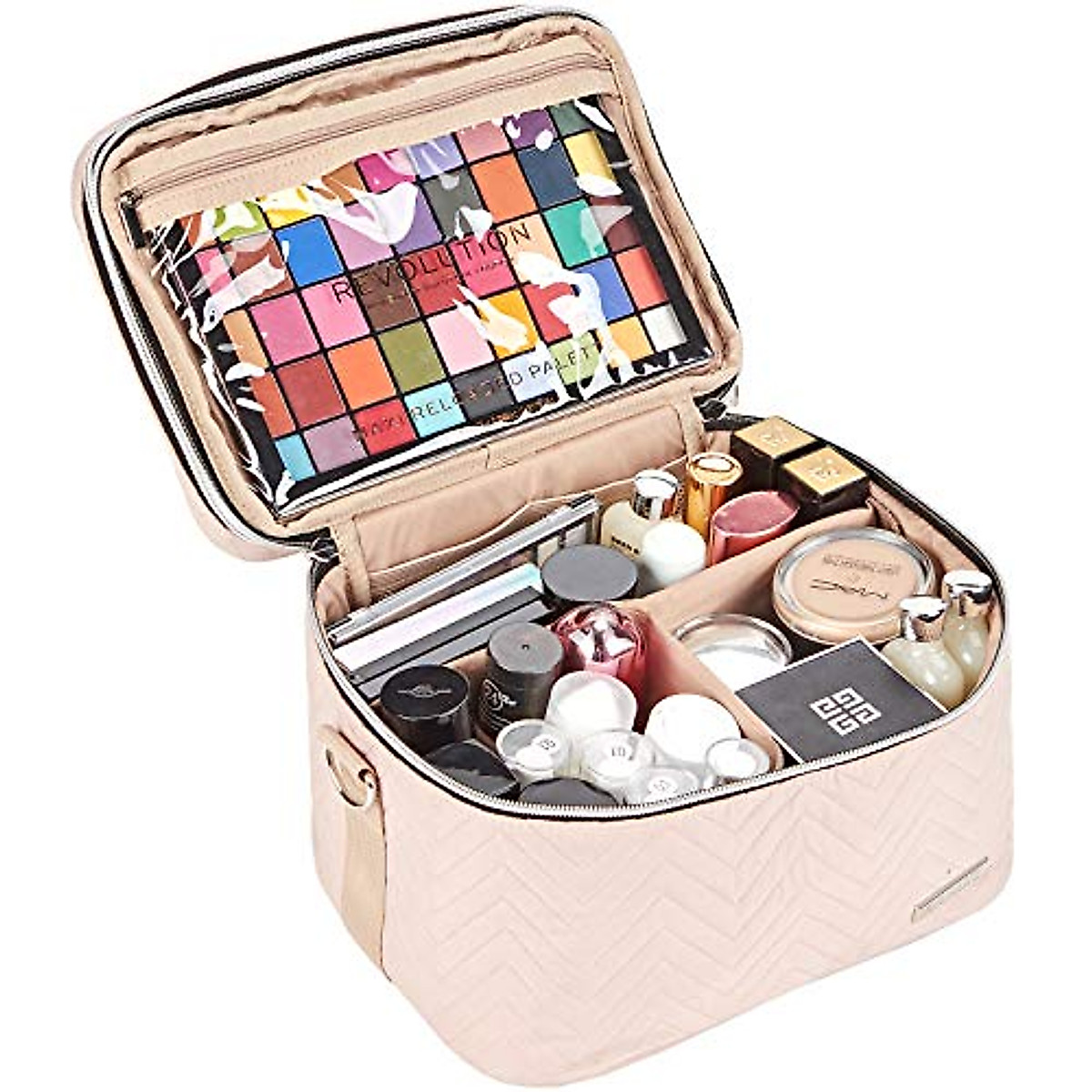 BELALIFE Double Layer Makeup Bag for Travel, Portable Cosmetic Organizer for Brushes Sets, Large Toiletry Holder with Straps, Pink