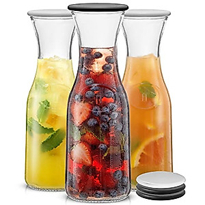 JoyJolt Glass Carafe with Lids. 3 Glass Carafes for Mimosa Bar 36 oz Capacity. 6 Lids! Brunch Decorations, Bedside Water Carafe, Orange Juice Container, Catering Drink Carafes & Pitchers for Parties