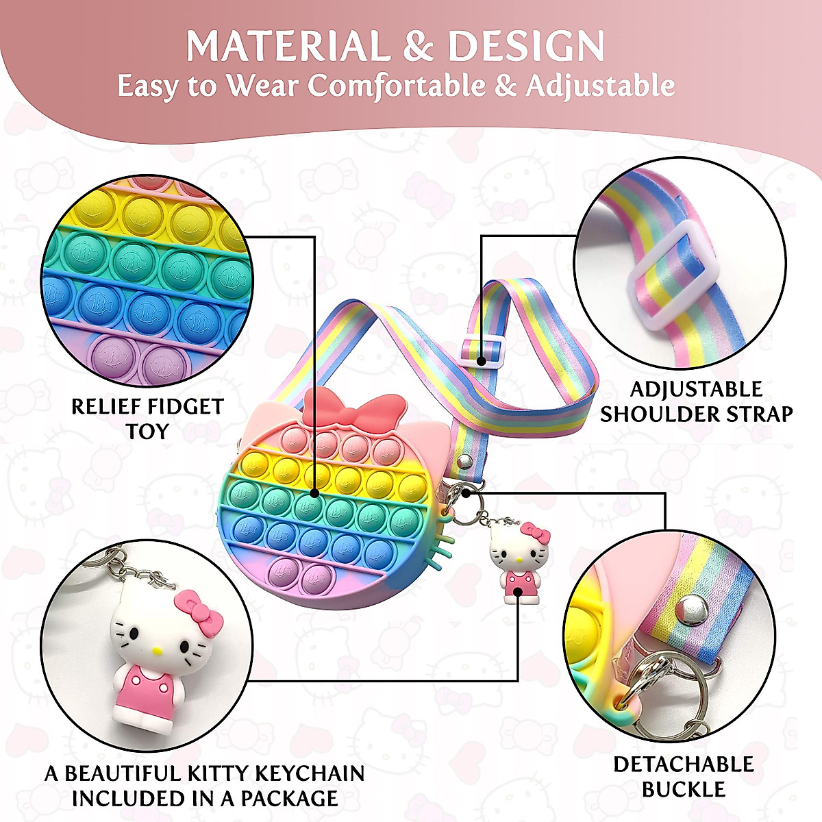 Cat Pop it Purse for Girls with a Beautiful Keychain | Cross Body Fidget Purse | 2 in 1 Rainbow Pop it Purse Toy for Anxiety & Stress Relief | Soft, Safe & Durable Poppet Purse, Pop Purse