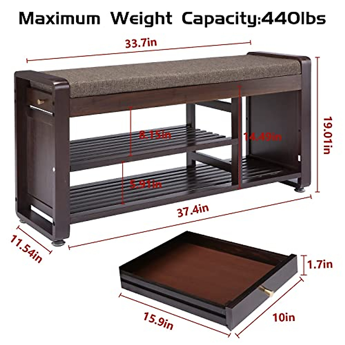 NURTUDIS Shoe Rack Bench Entryway, Bamboo Shoe Storage Stool with Removable Cushion, 2-Tier Entryway Shoe Organizer Shelf with Side Drawer & Hooks for Entryway, Living Room, Bedroom, Bathroom(Large)