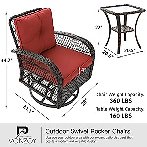 VONZOY 3 Pieces Patio Furniture Set, Outdoor Swivel Glider Rocker, Wicker Patio Bistro Set with Rocking Chair, Thickened Cushions and Table for Porch (Red)