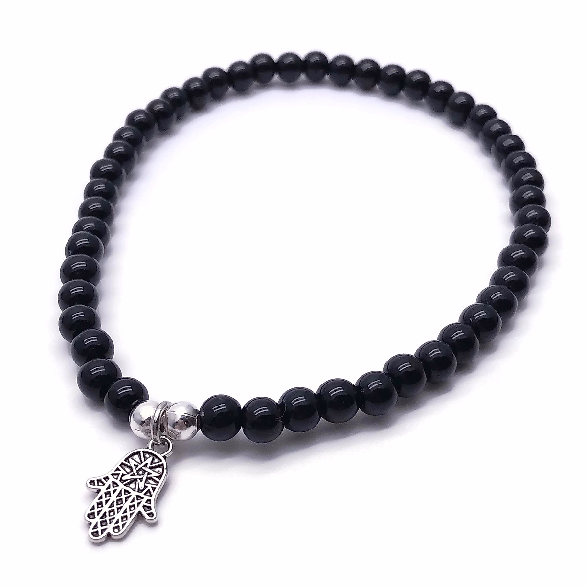 Hamsa Charm Anklet with 6mm Black Acrylic Beads on Elastic - Size M 10 inches