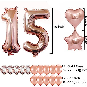 15th Birthday Decorations Party Supplies, Jumbo Rose Gold Foil Balloons for Birthday Party Supplies,Anniversary Events Decorations and Graduation Decorations Sweet 15 Party,15th Anniversary