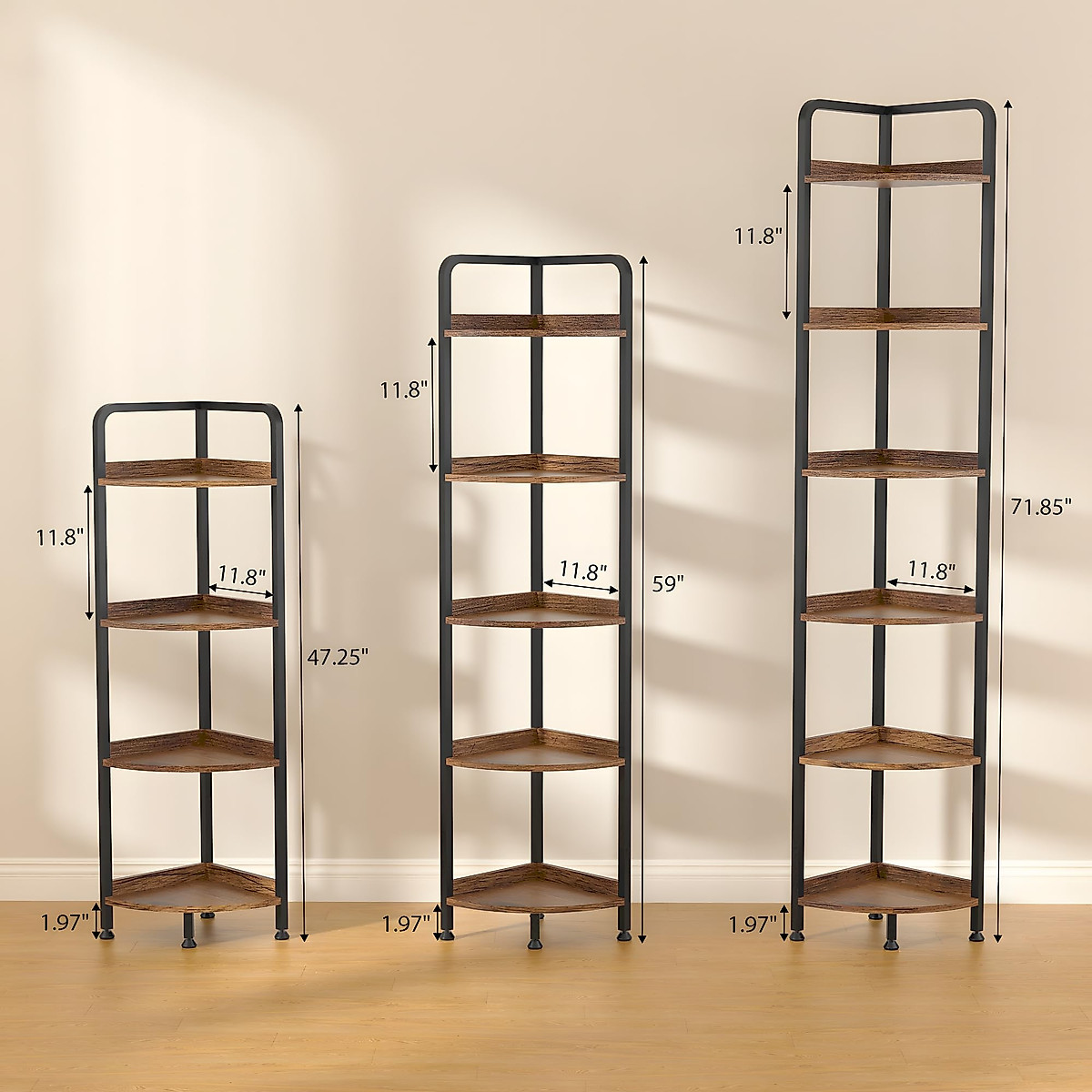 ousamili Corner Shelf Stand, 6-Tier Corner Bookshelf, Corner Plant Stand with Metal Frame Multi-Purpose Display and Storage Unit for Living Room, Home Office, Rustic Brown (6 Tier)