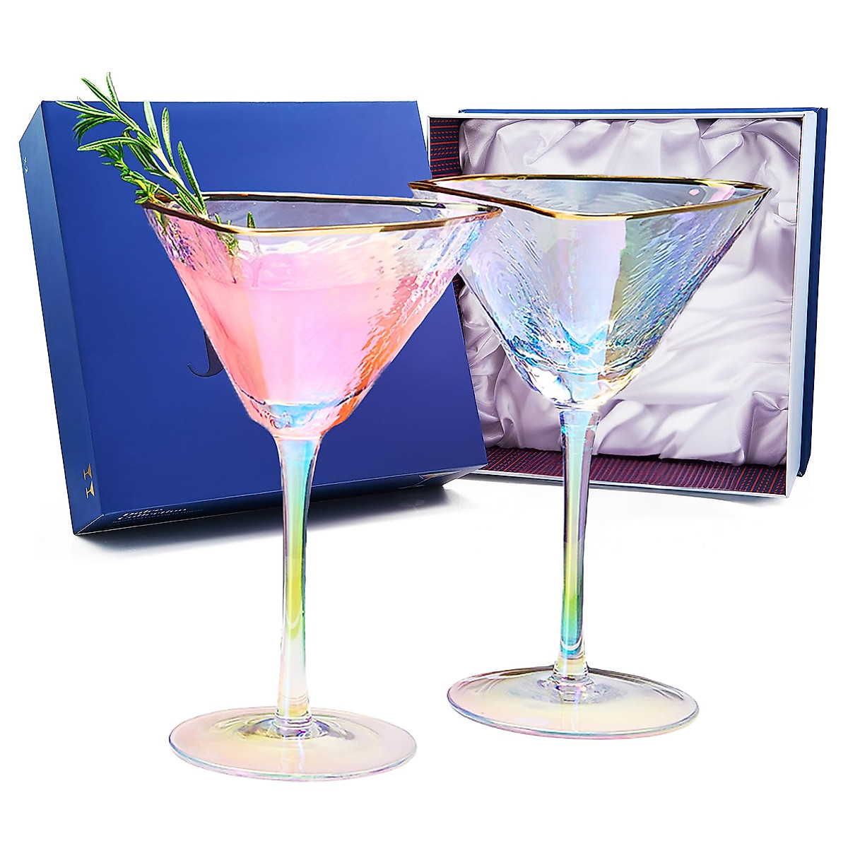 Iridescent Lustered Hammered Martini Glasses - Set of 2 - Gold Rim 8 oz Colorful Balloon Stemmed Glassware - Festive Anniversaries, Birthday Gift, Cocktail Party Radiance - Unique Wine Barware