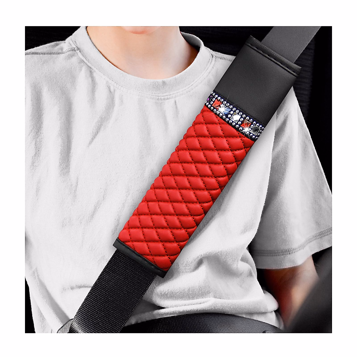 Ziciner 2PCS Leather Seat Belt Cover, Sparkling Rhinestone Seat Belt Covers for Women, Soft Harness Pads Strap Helps Protect Your Neck & Shoulder, Auto Interior Accessories for Adult Kid (Red)