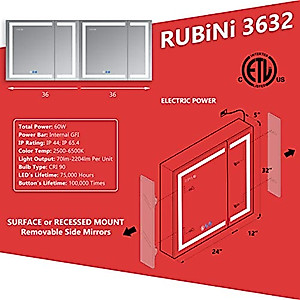 DECADOM LED Mirror Medicine Cabinet Recessed or Surface, Defogger, Dimmer, Clock, Room Temp Display, Makeup Mirror 3X, Outlets & USBs (RUBiNi 36x32)