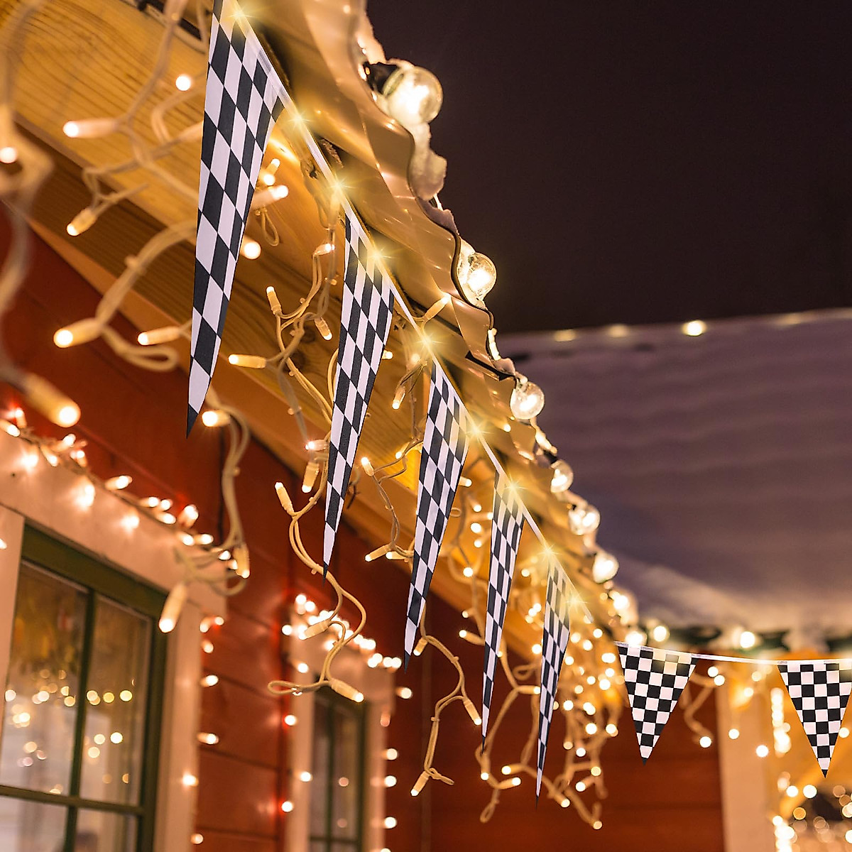 Aurelema Light up Black and White Checkered Flag Banner, 32.8 ft Racing Flags Plastic Race Flags Checkered Pennant Banner with 8 Light Modes for Nascar Race Themed Party Decorations Supplies