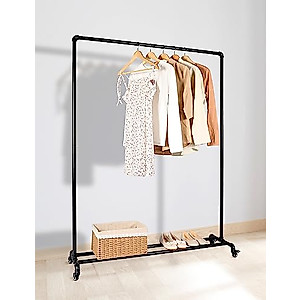 OLDRAINBOW Industrial Pipe Clothing Rack,63in Dress Rack Clothes Rack,Vintage Clothing Racks on Wheels,Retail Rack Mobile Coat Rack Metal Garment Rack(Black)