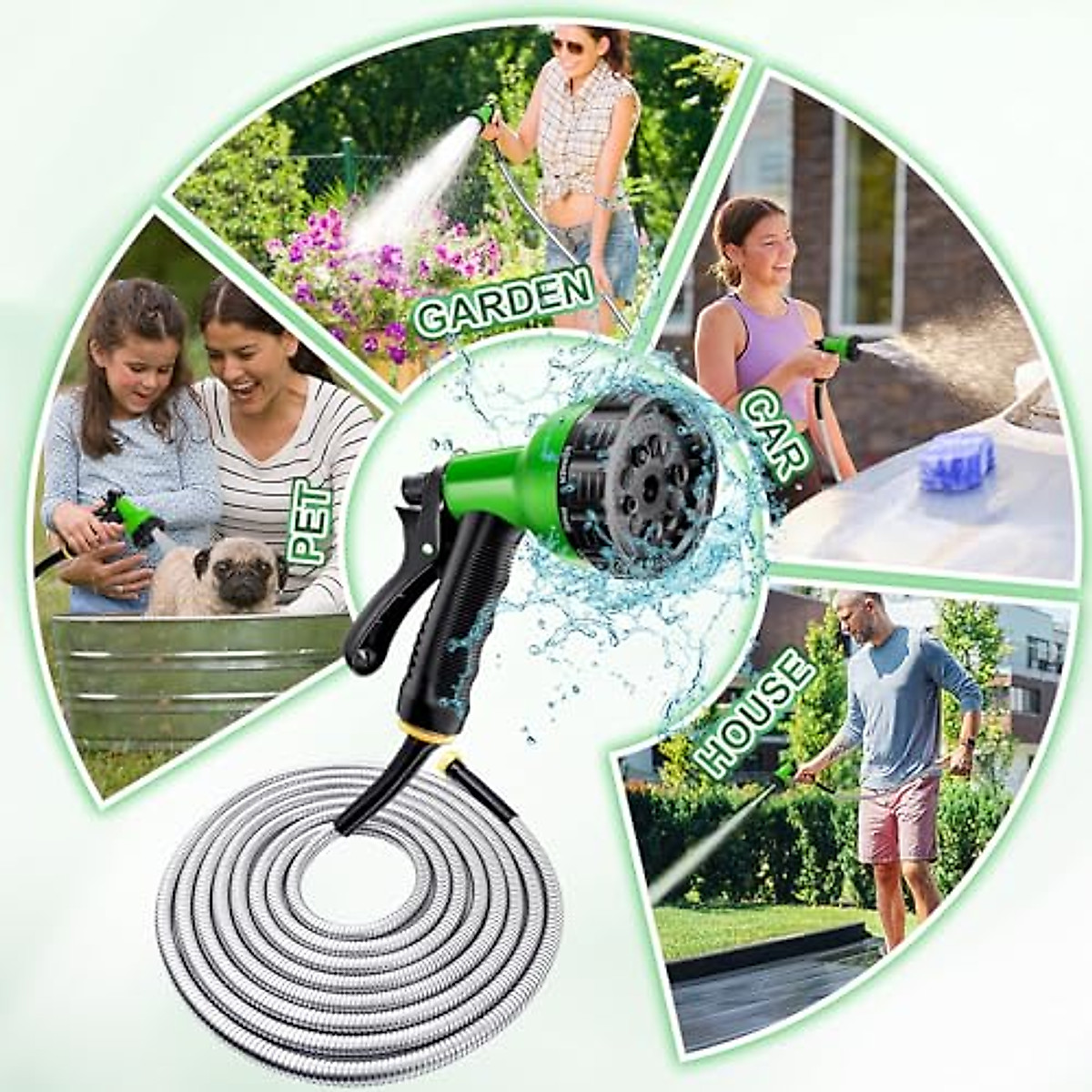 Metal Garden Hose 100 ft - Stainless Steel Water Hose 100ft with 10 Function Nozzle, No Kink, Flexible, Lightweight, Puncture & Rust Proof Metal Garden Hose for Yard, RV, Garden, Outdoor