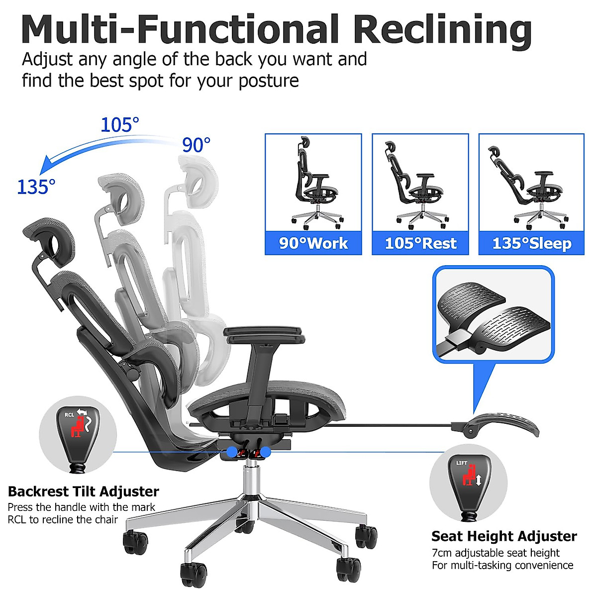 Ergonomic Office Chair Ergo3D Rolling Desk Chair with 3D Adjustable Armrest,High Back Desk Computer Chair Mesh Computer Executive Swivel Grey