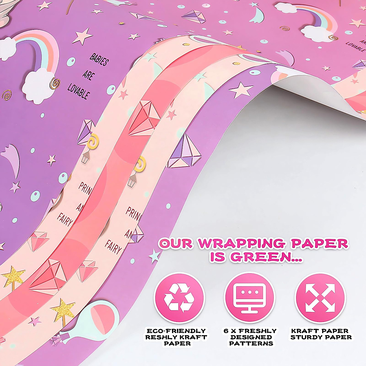 Edunass Wrapping Paper Girls Birthday Wrapping Paper Sheets,Purple Castle Pink Gift Wrapping Paper Set Gift Wrap Birthday Paper(6 Sheets 28" Lx20 W per Sheet)