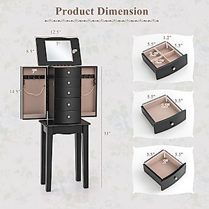 LUARANE Wooden Jewelry Cabinet, Jewelry Storage Organizer with Top Flip Mirror 4 Drawers, 2 Side Doors with Hooks and Compartments, Free Standing Jewelry Armoire with Solid Wood Legs, Black