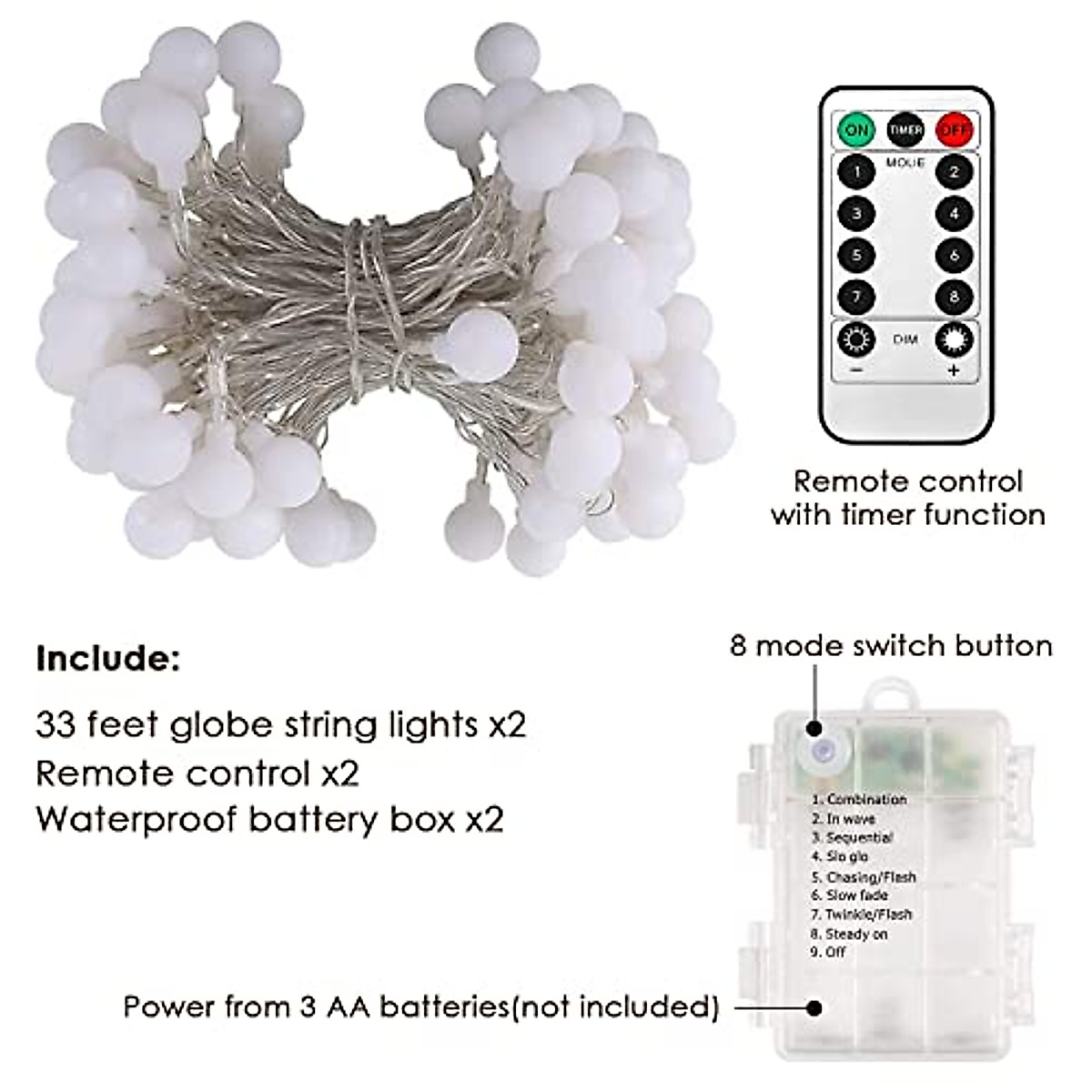 LCHUANG Battery Operated String Lights 66FT 200LEDs - Each 33FT 100LEDs 8 Mode Waterproof Christmas Fairy Lights Indoor Outdoor Hanging Globe Decorative Lights for Home Party Patio Garden Wedding