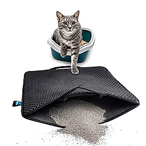 dipperdap Cat Litter Trapping Mat with Handles - Water Proof Material for Easy Cleaning - Dual Layer Honeycomb Design (24 x 30 in, Black)